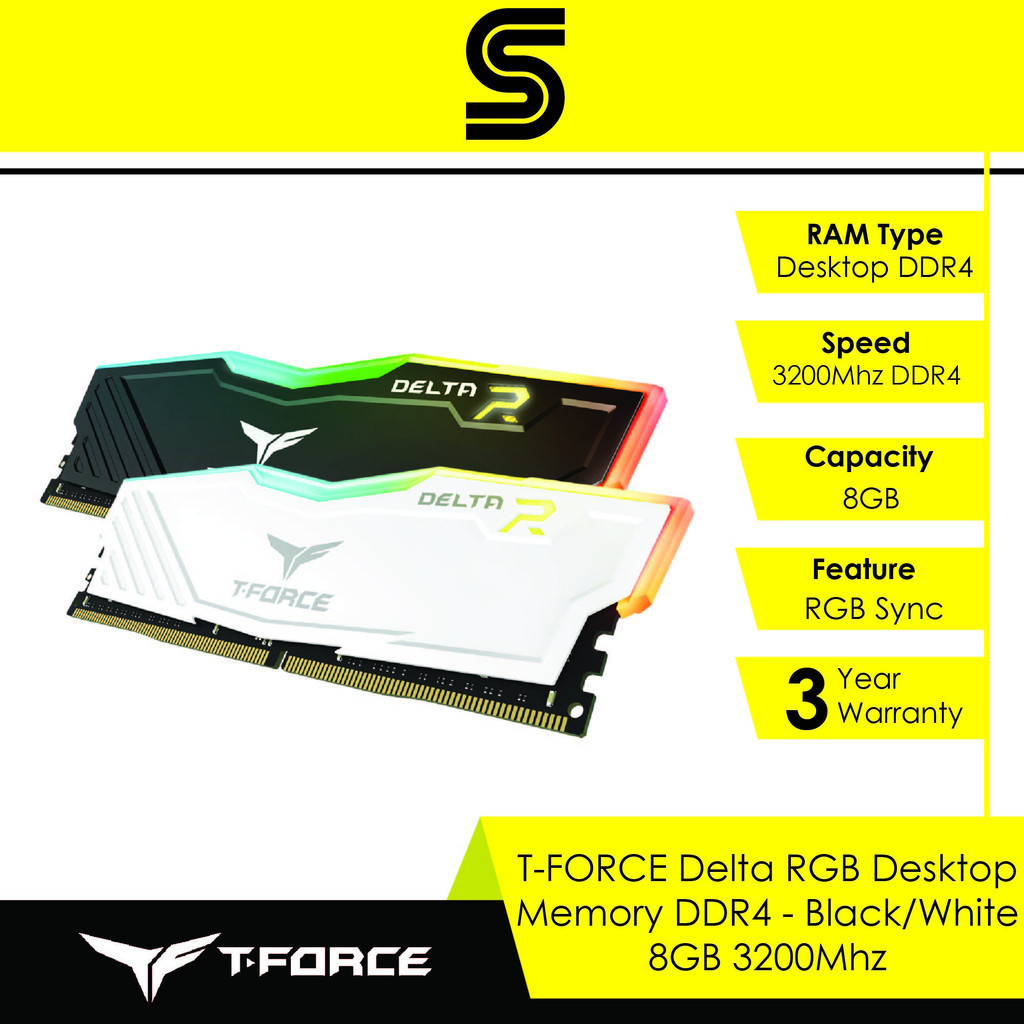 T-FORCE DELTA RGB DDR4 Desktop Memory 8GB 3200Mhz (Black/White ...