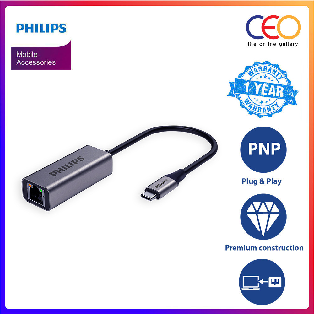 Philips USB Type-C Male to Ethernet LAN Female Port Adapter RJ45 Converter Up to 1000Mbps Data ...