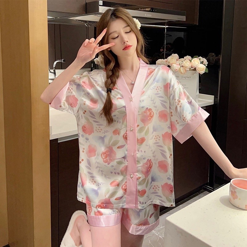 New Style Pastoral Style Flower Ice Silk Pajamas Women Gentle Elegant ...