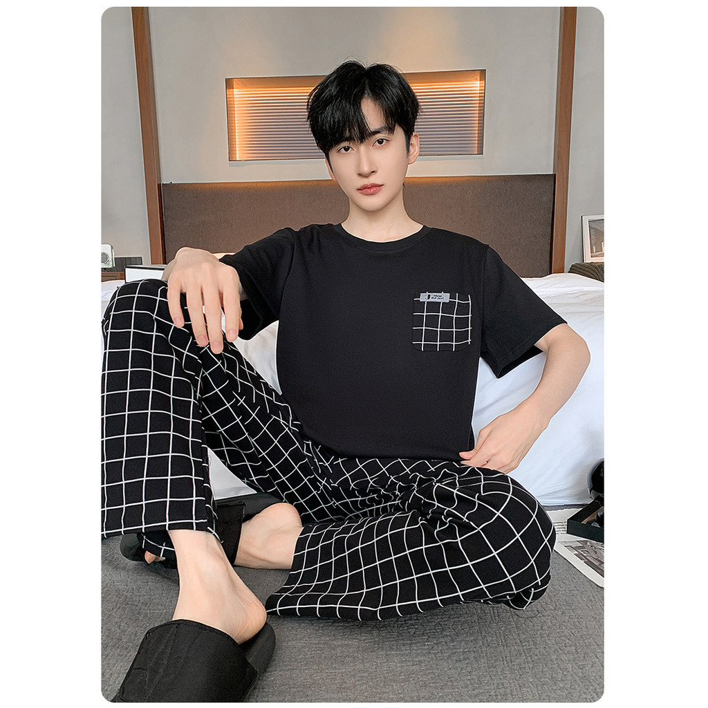 baju tidur lelaki L-4XL Plus Size Pyjamas Men Cotton Short Sleeve ...
