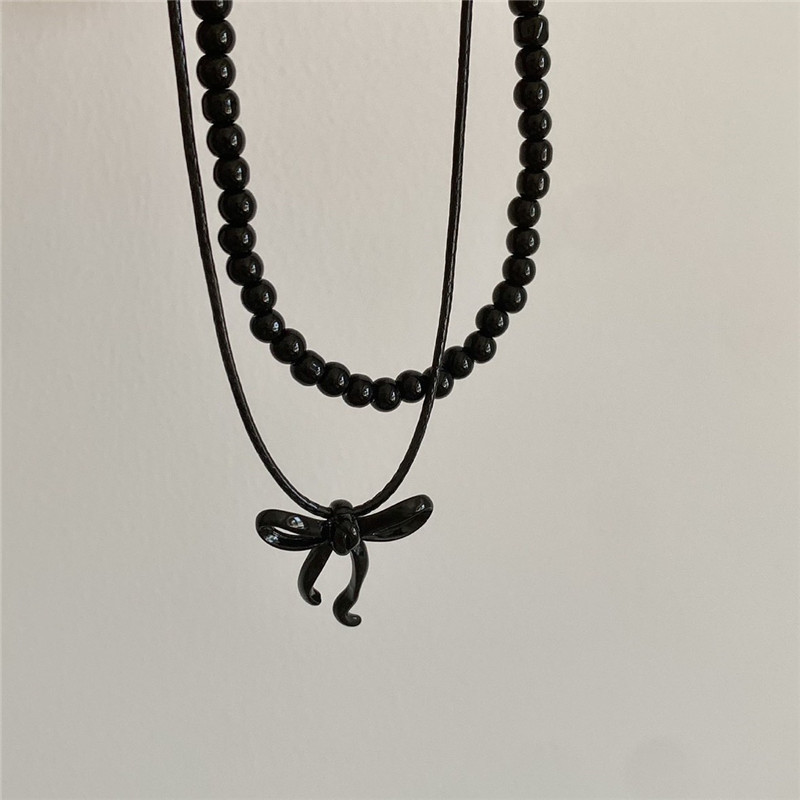 Black Bowknot Pendant Necklace for Women Gothic Black Bead Rope Y2K ...