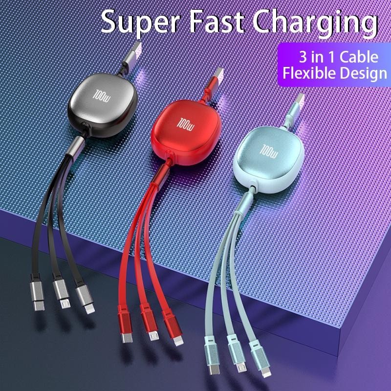 C100W Retractable 3 In 1 Super Fast Charging 100W Type C Micro USB ...