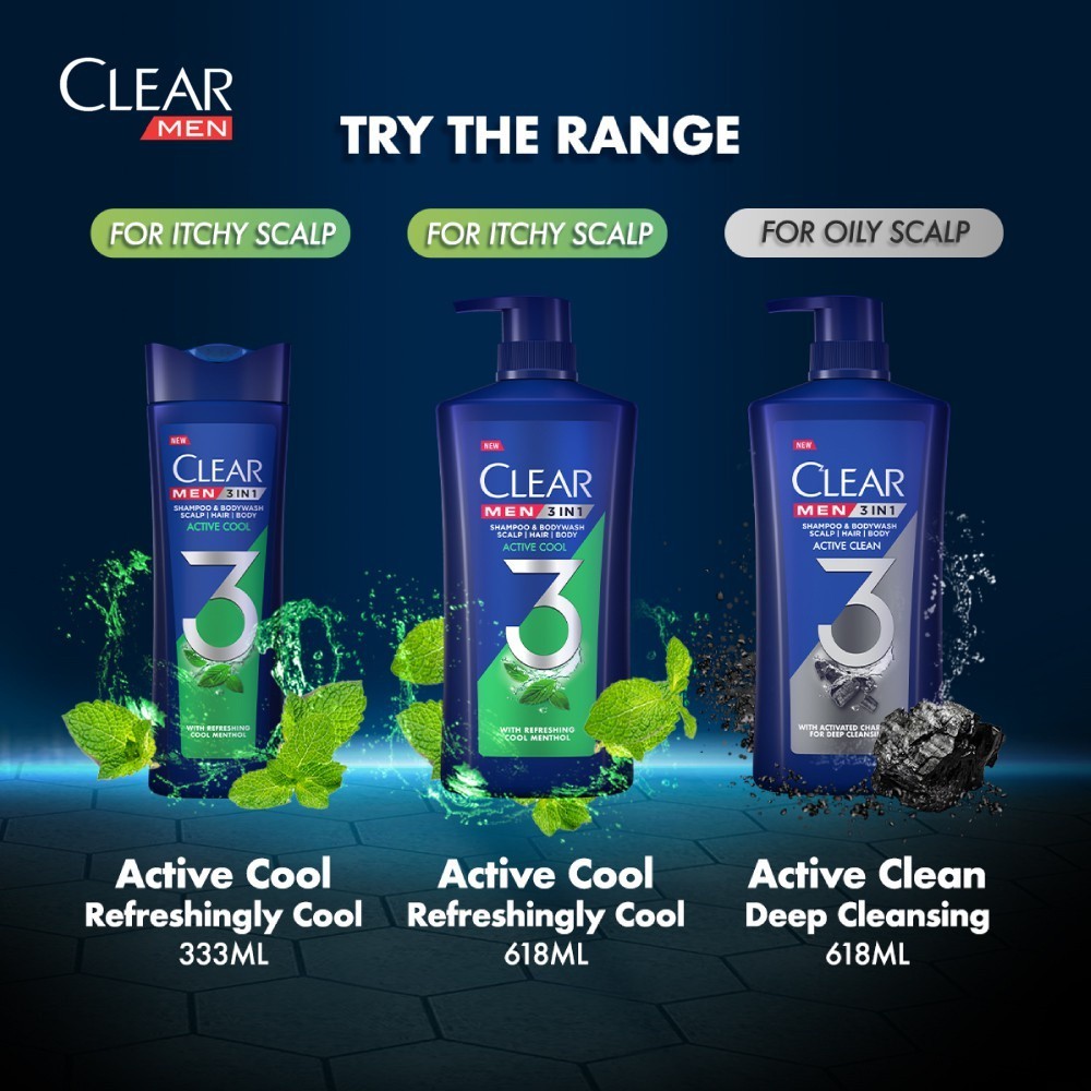 Clear Men 3 in 1 Shampoo & Body Wash Active Clean / Active Cool 333ml ...