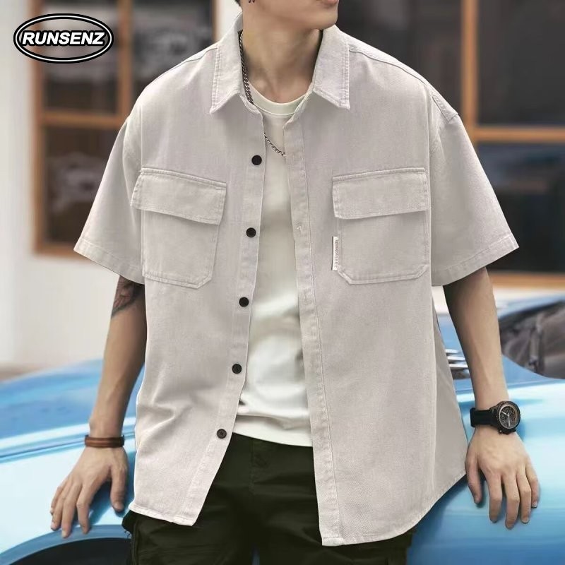 M-8XL High-end Cargo Shirt Men Plus Size Top Simple Plain Causal Loose Short Sleeve Shirt ...