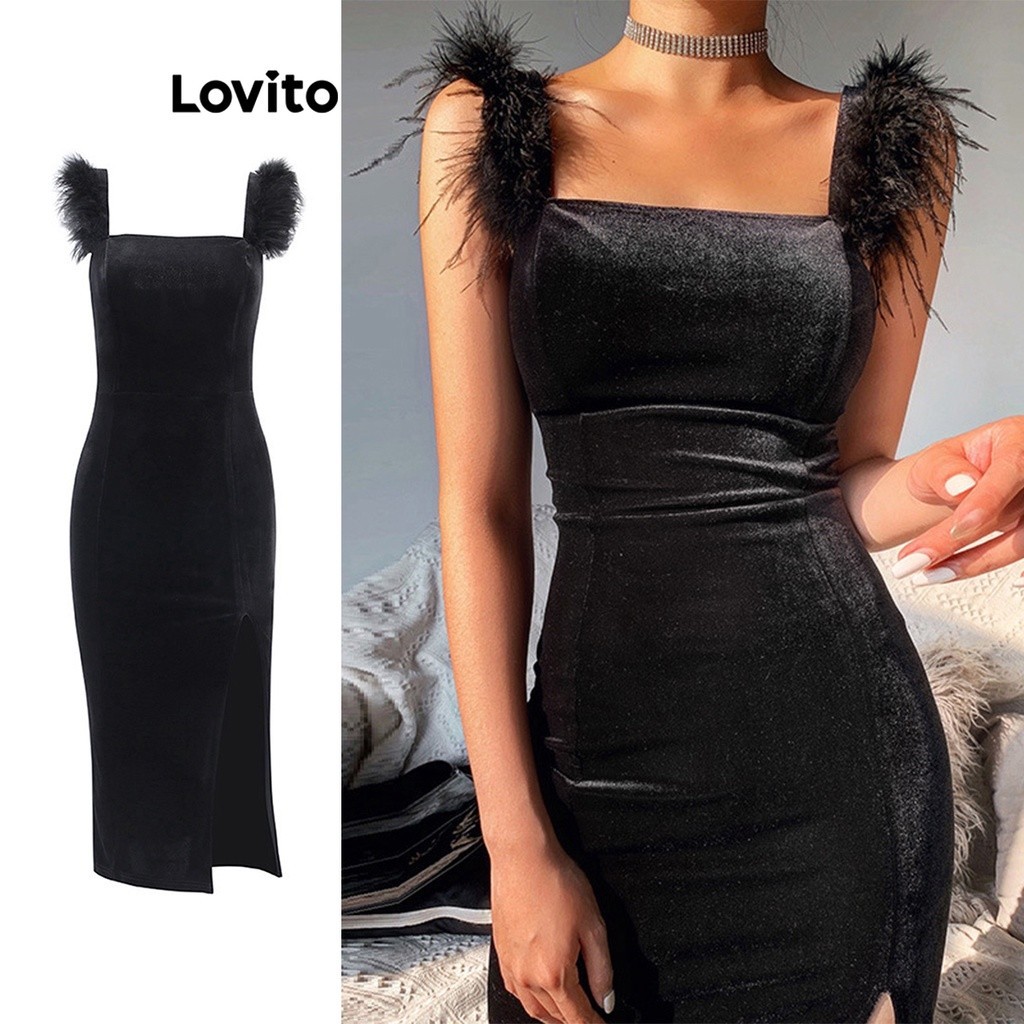 Lovito Glamorous Plain Feather Dress for Women LNL36035 (Black) Gaun ...