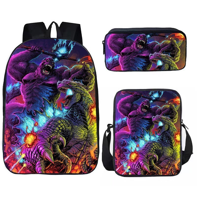 3 Pieces/Set Kids Backpack Shoulder Bag Pencil Case GODZILLA 3D Cartoon ...