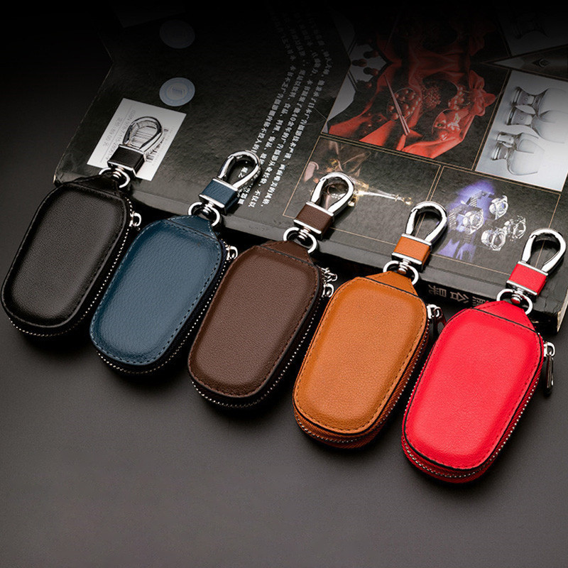 Car Key Bag Zipper Case Genuine Leather Anti-Hacking Anti-Theft Key Fob ...
