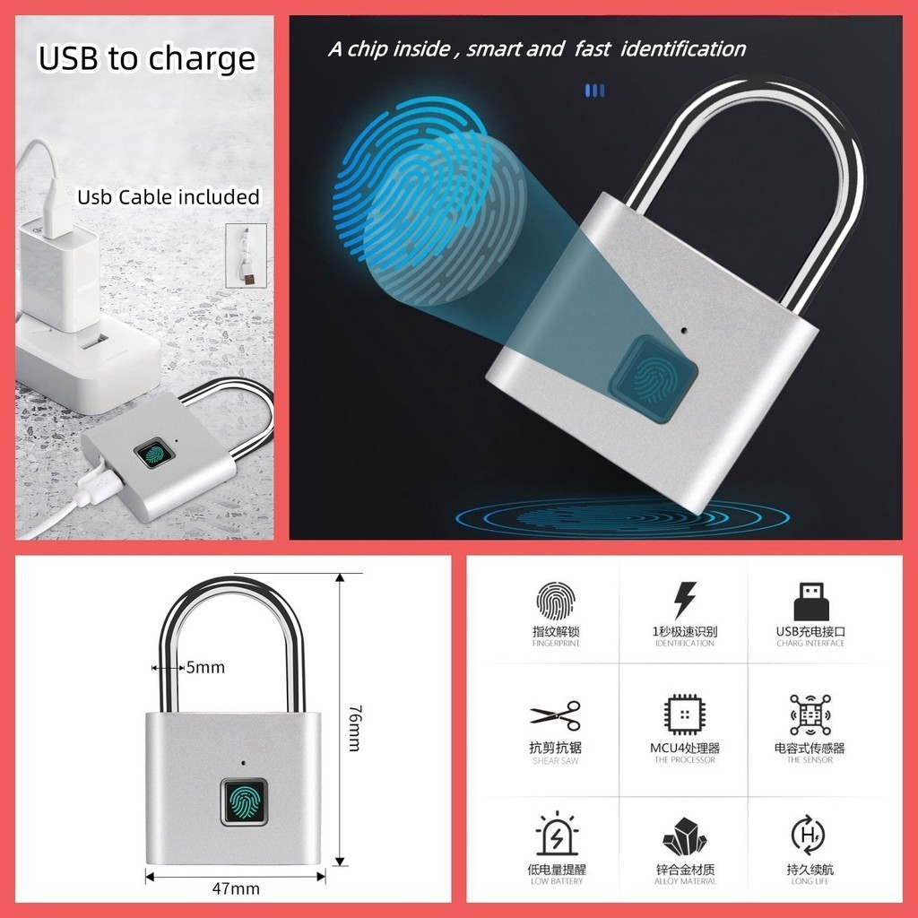 Intelligent fingerprint padlock/steel lock for door/cabinet | Shopee ...