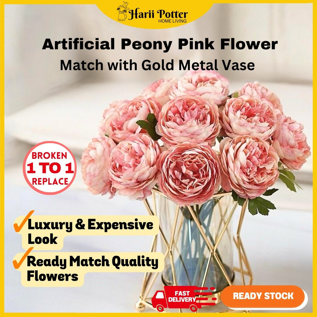 Gold Metal Glass Vase Peony Flowers Steel Vase Elegant Aesthetic Pasu ...