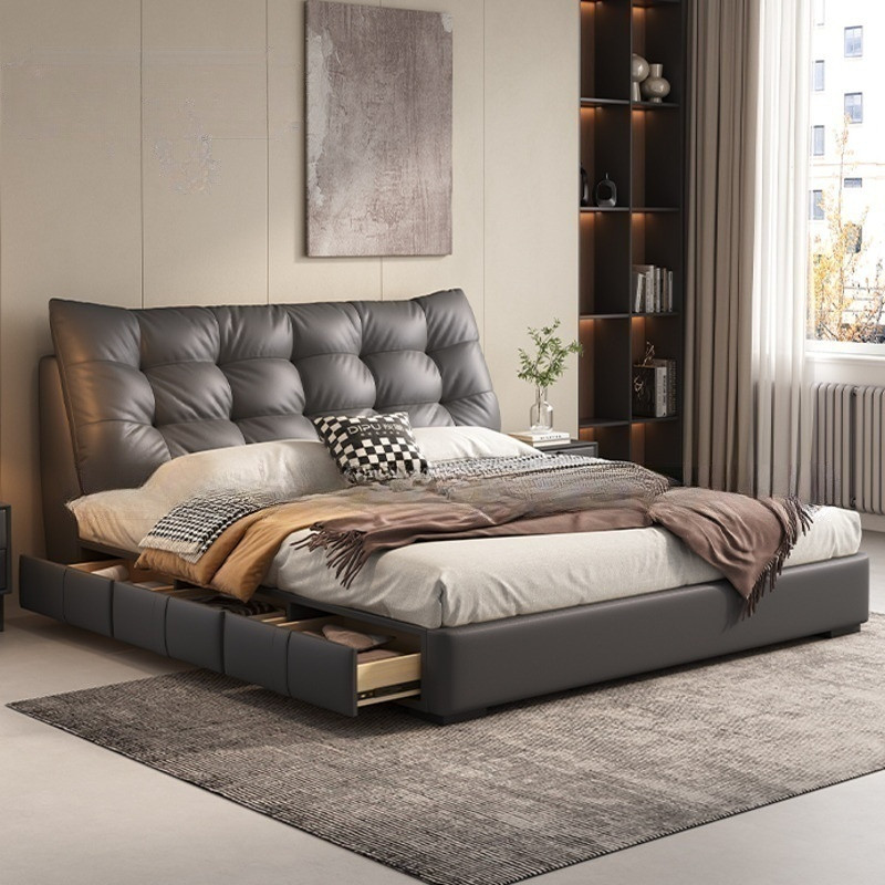 Italian Minimalist Leather Bed Master Bed Black Double Bed Small-sized ...