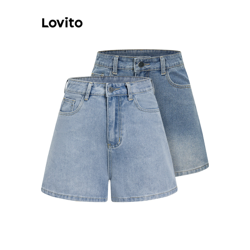 Lovito Casual Plain Button Denim Shorts for Women L82AD168 (Multi-color ...