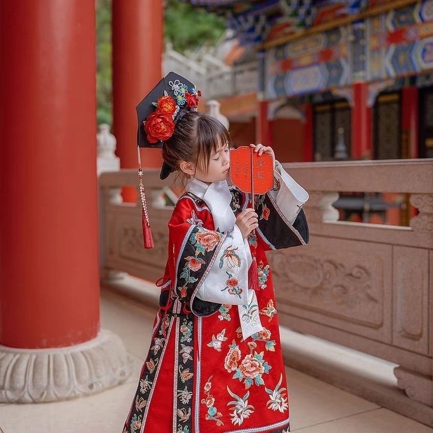 女童沐言格格同款旗装清代印花清朝汉服摄影网拉德宫廷服装儿童Girl Muyan Gege Same Style Flag Dress Qing ...