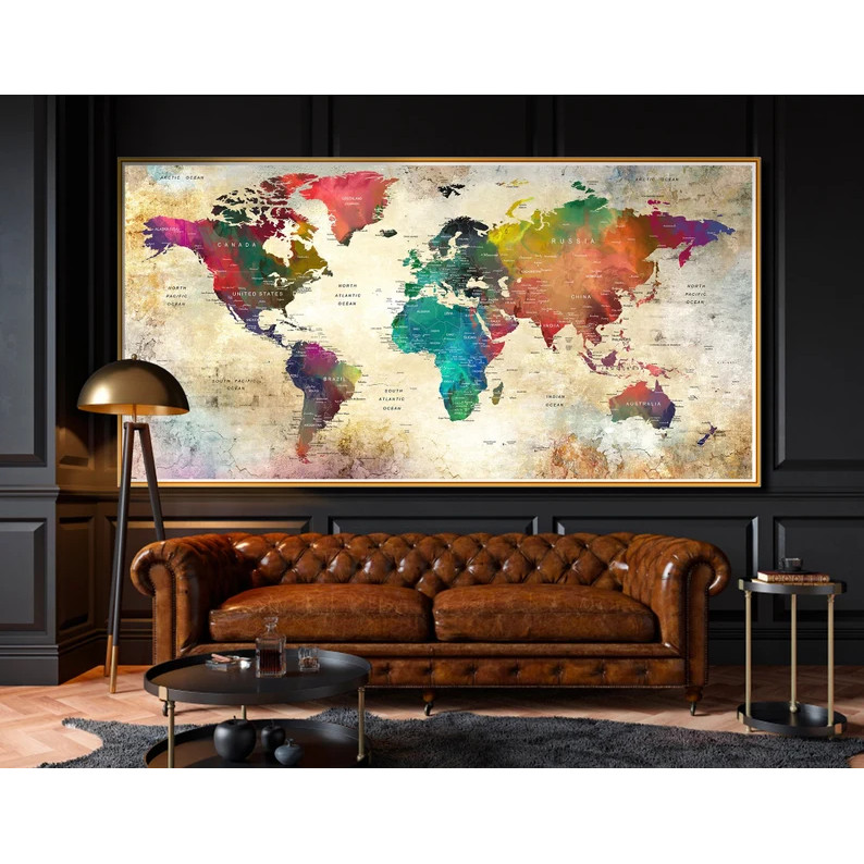 World Map Wall Art Push Pin Map Poster, Extra Large Travel Map Wall ...
