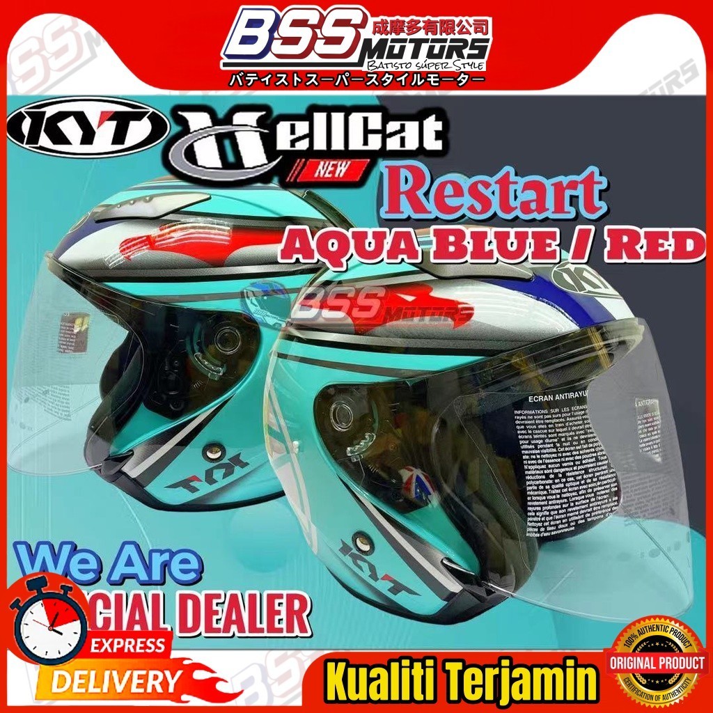 Helmet KYT Hellcat Restart Aqua Blue Red Open Face 100% ORIGINAL Open ...