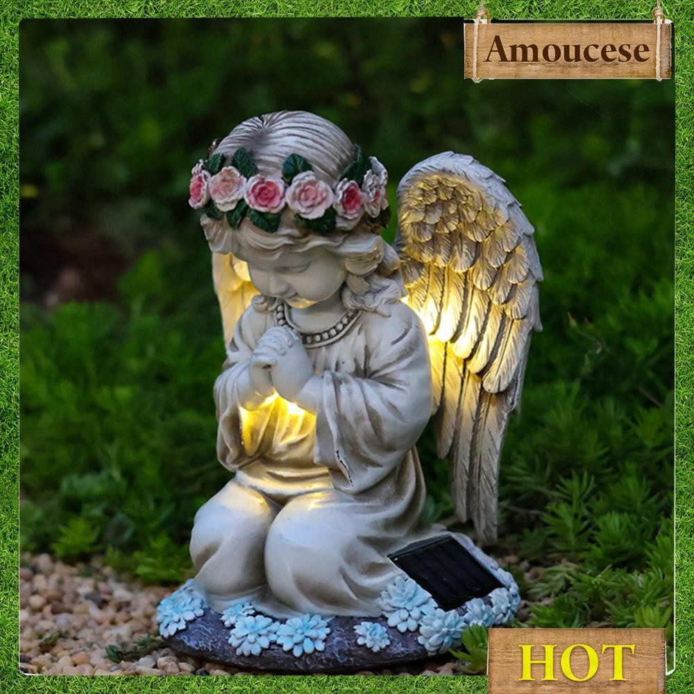 Solar Angel Statue Light Resin Flower Fairy Figurine Auto On for Patio ...