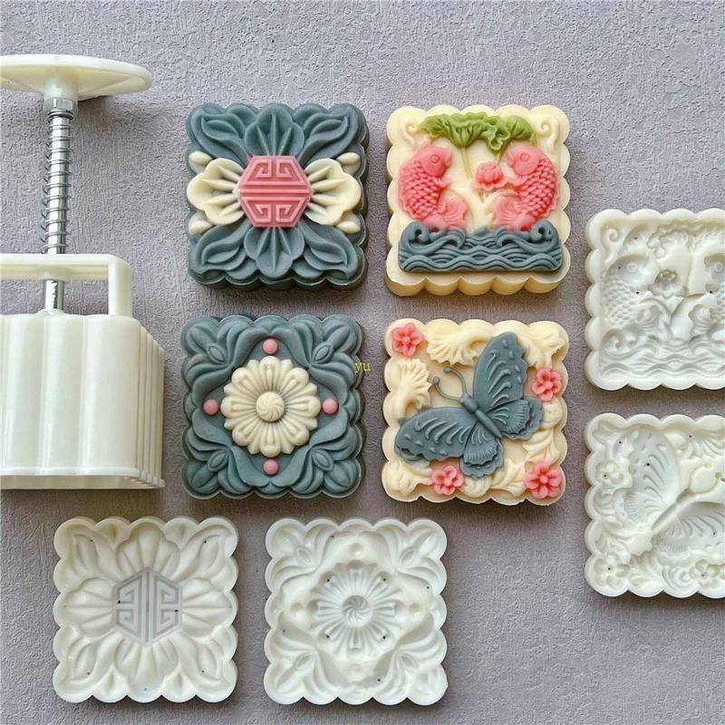 yu Mooncake Stamps Flowers Shaped Moon Cake Mold Set Festival DIY Hand ...