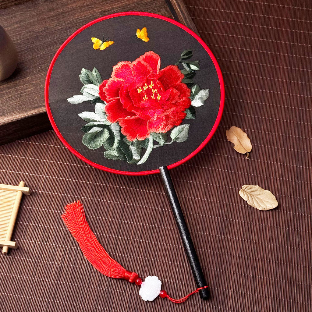 Chinese Style Round Fan Double Sided Embroidered Wooden Handle Fan Semi ...