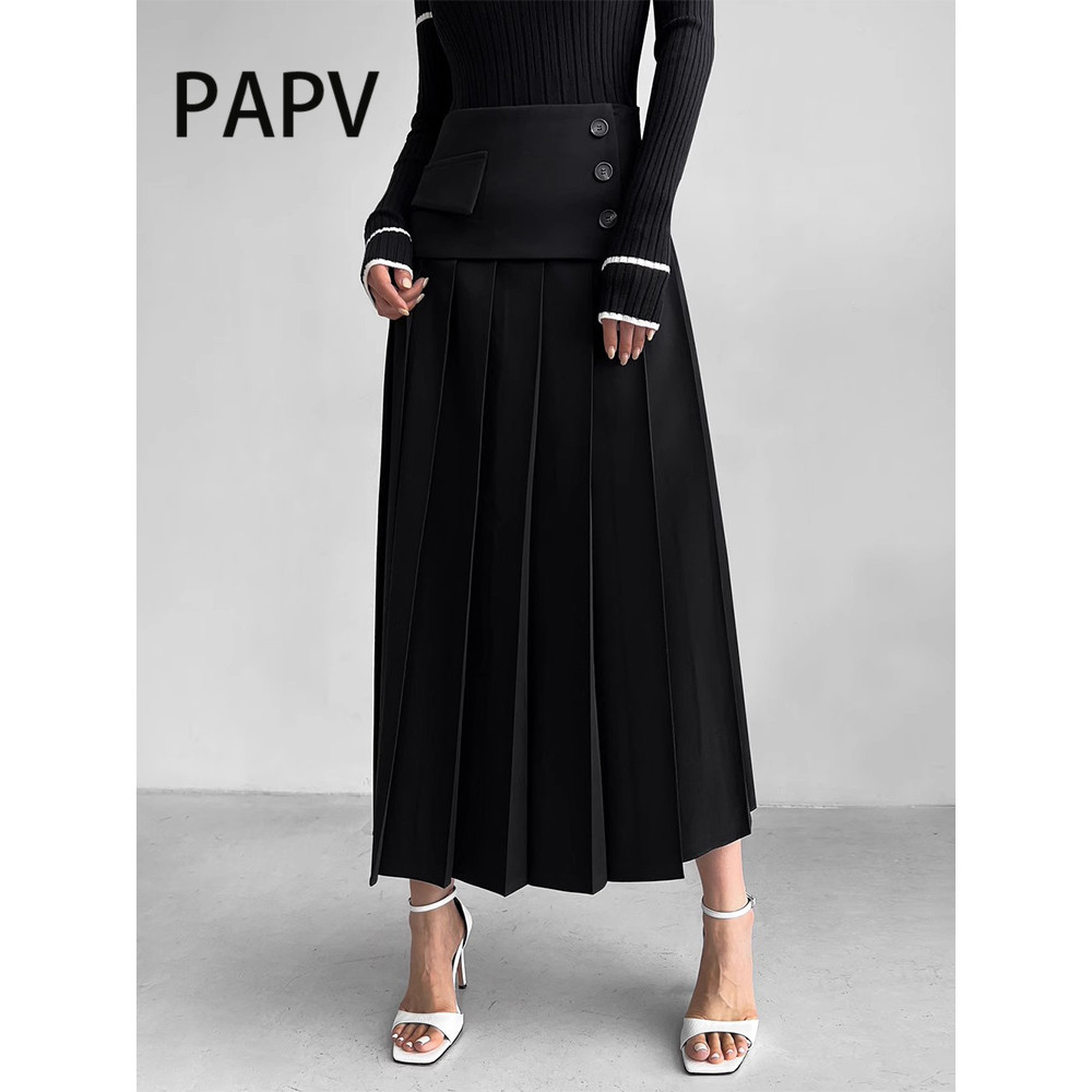 PAPV Chic Diagonal Single Breasted High Waisted Patchwork A-line ...