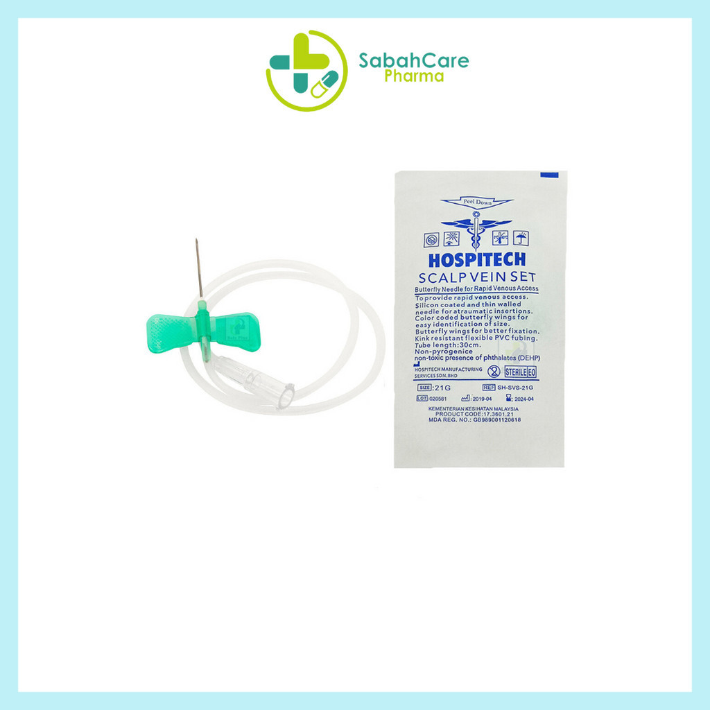 SABAHCARE SCALP VEIN SET BUTTERFLY 21G WITH SLIP FITTING 100'S/BOX ...
