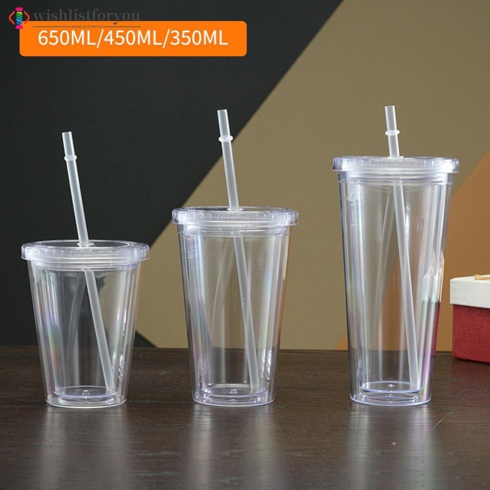 Wishlistforyou 350ml/450ml/650ml Clear Tumbler With Straw Reusable Transparent Double-layer ...