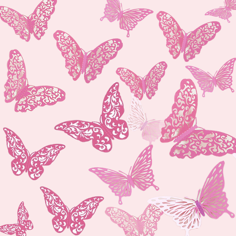 12Pcs Pink Butterfly Wall Stickers 3D Butterfly Wall Decor Rainbow ...
