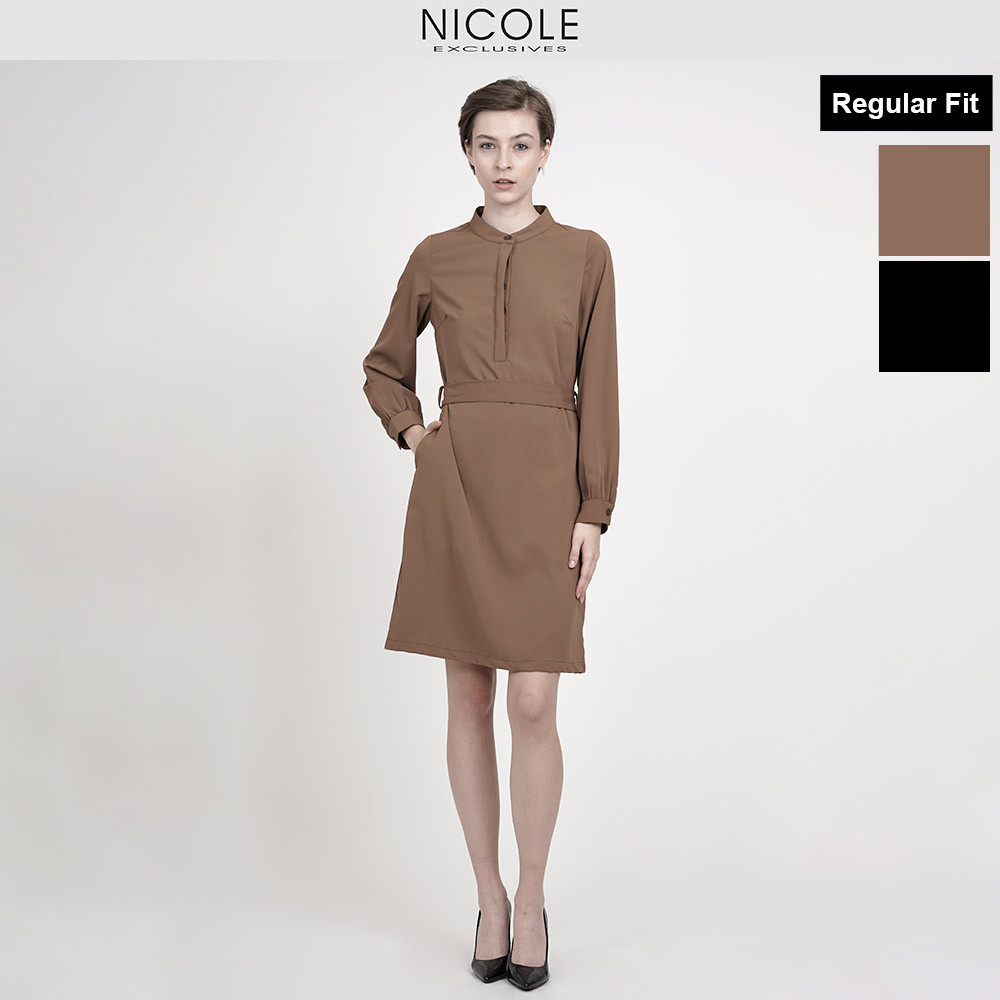 Nicole Exclusives Collar Neck Long Sleeve Dress with Self Fabric Belt ...