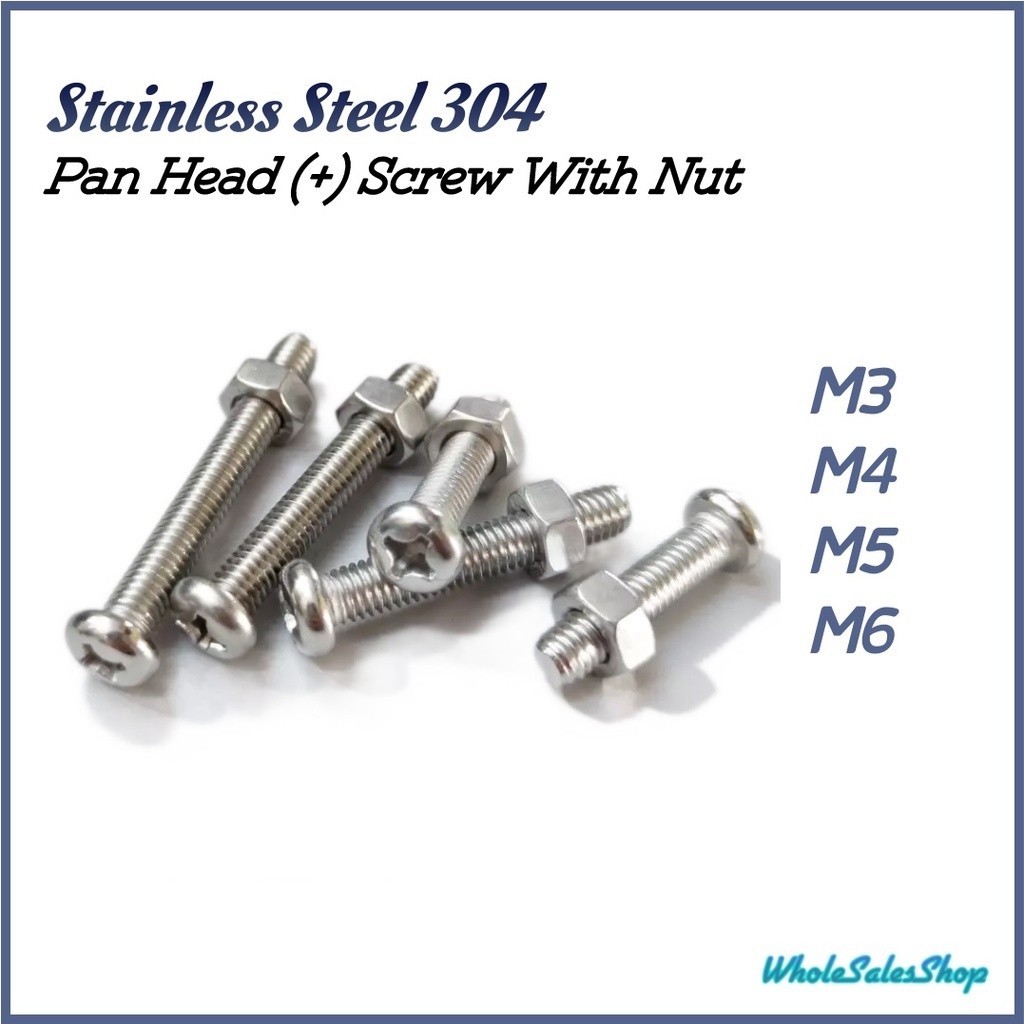 [1PC]M3 M4 M5 M6 Stainless Steel 304 Screw With Nut Pan Head Phillips ...