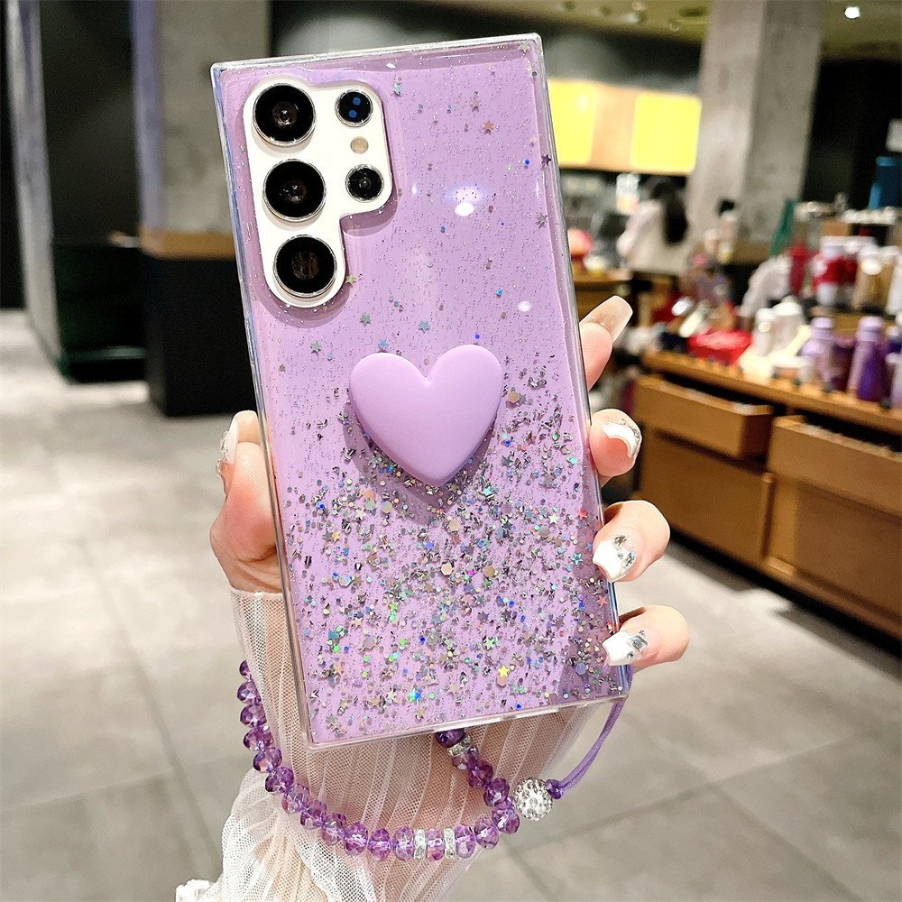 INS Korean Glitter 3D Love Heart Star Bead Bracelet Clear Soft Phone Case Samsung Galaxy S24 ...