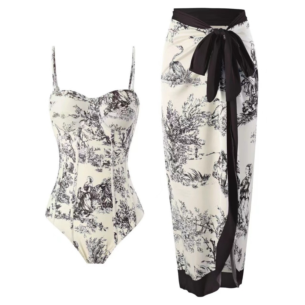 One-Piece Swimsuit Women Swimwear Retro Printed Sling Bathing Suit ...