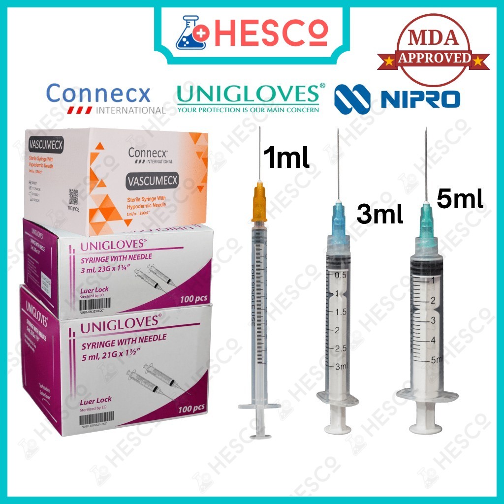 Luer Lock Syringe with Needle Picagari 100pc — 1/3/5/10ml Jarum 21G/23G ...