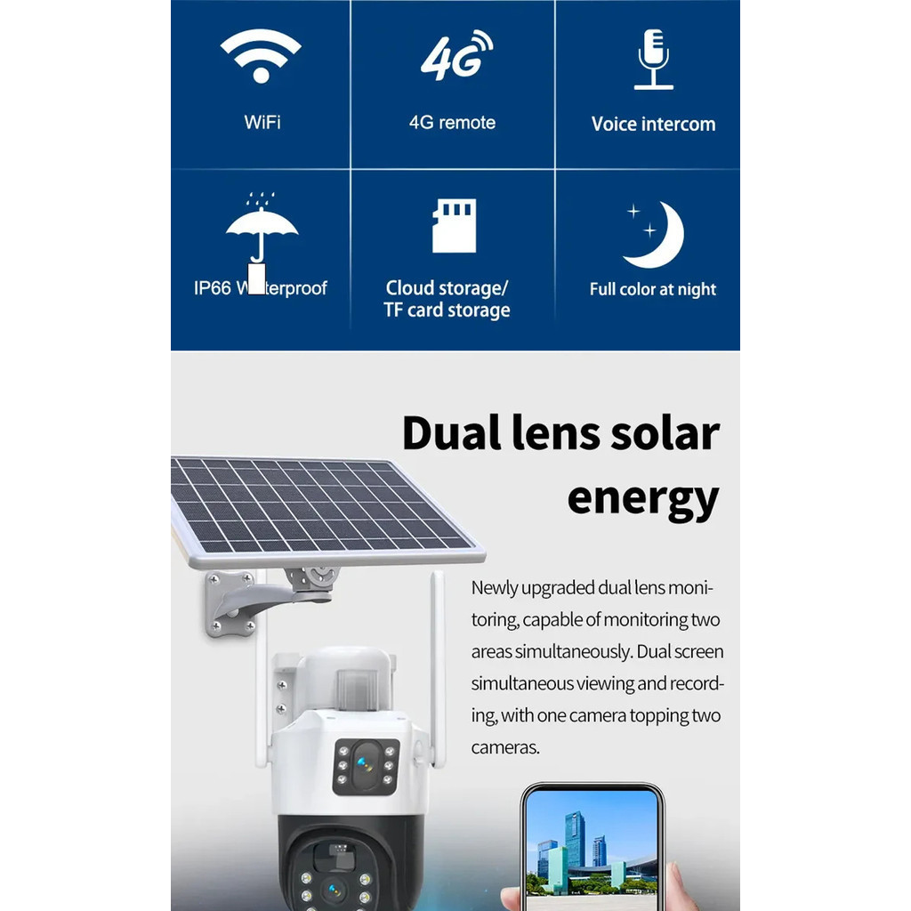 4MP 4G / WIFI Dual Lens Solar PTZ IP Security Camera Dual Screens Auto ...
