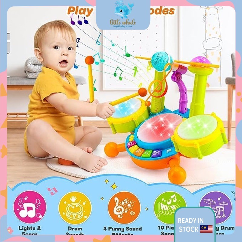 🐳Drum Set Baby Piano Electric Musical Instruments Toy with Drum Sticks ...