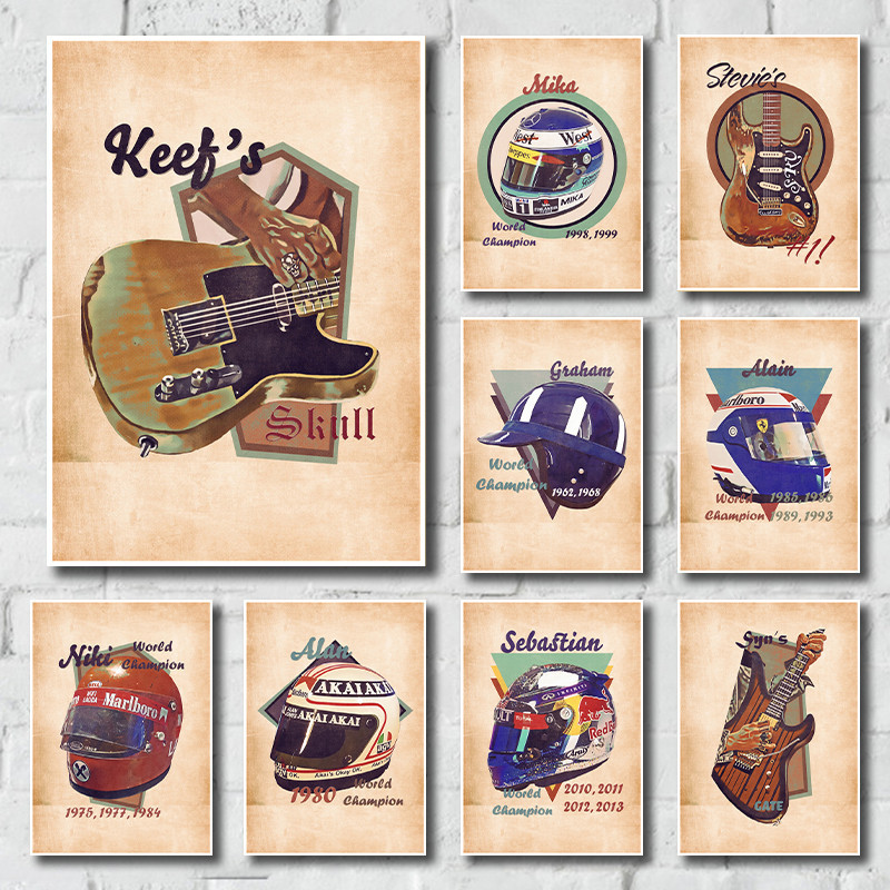 Vintage Helmets and Guitar Compilation Poster for Home Bar and Coffee ...