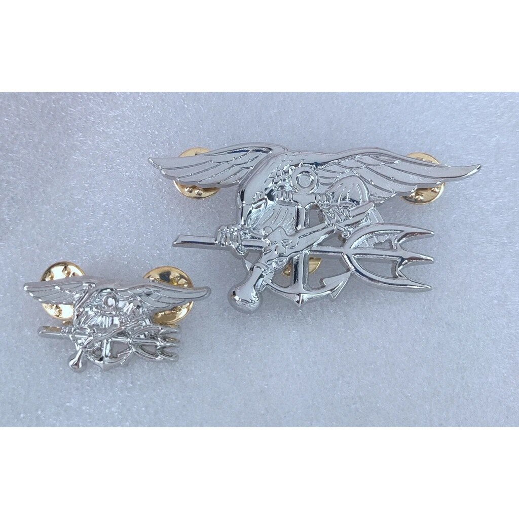 PAIR US NAVY SEAL EAGLE ANCHOR TRIDENT METAL FULL SIZE BADGE & MINI PIN ...