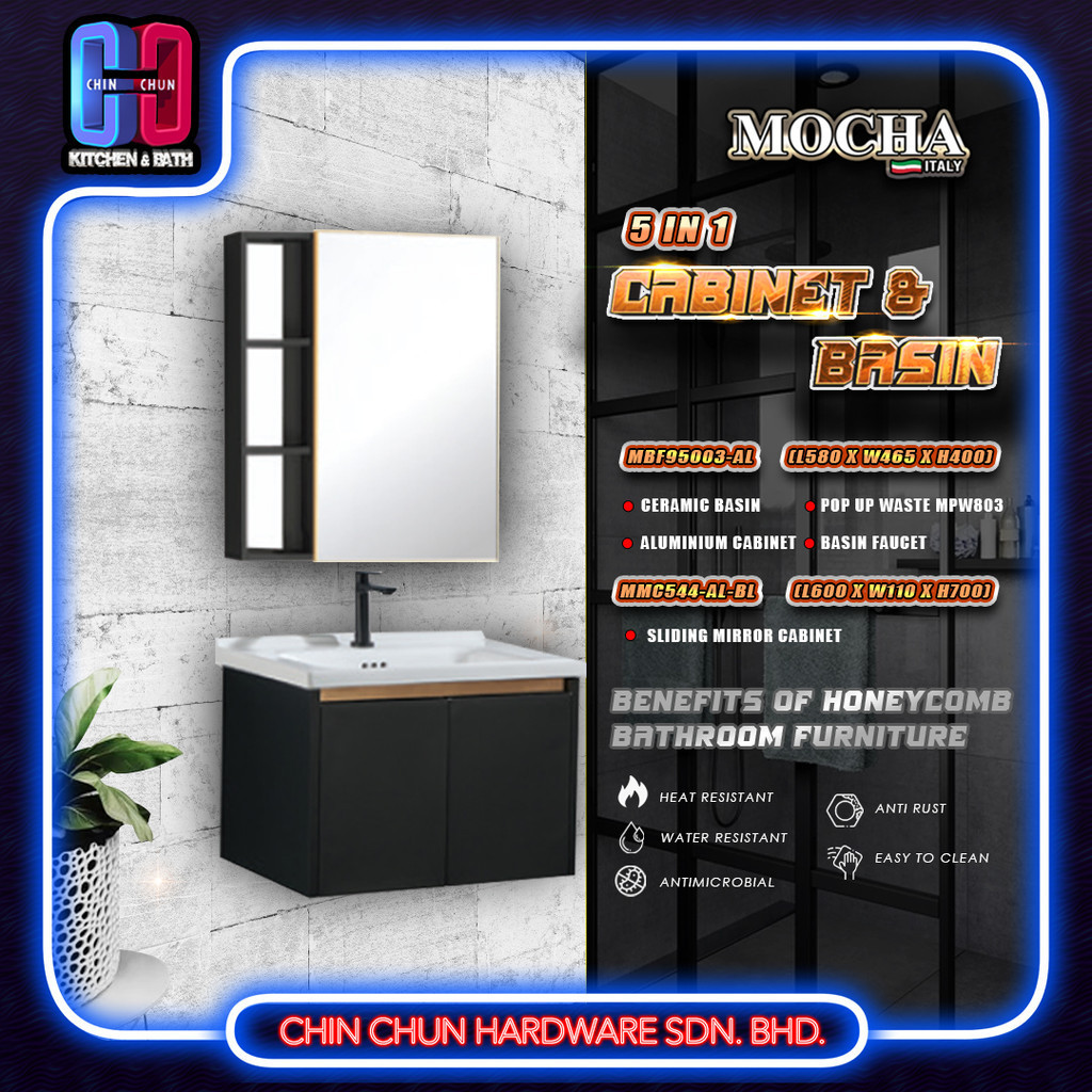 MOCHA MBF95003+MMC544AL-BL HONEYCOMB 5 IN1 CABINET - BLACK Toilet Basin ...