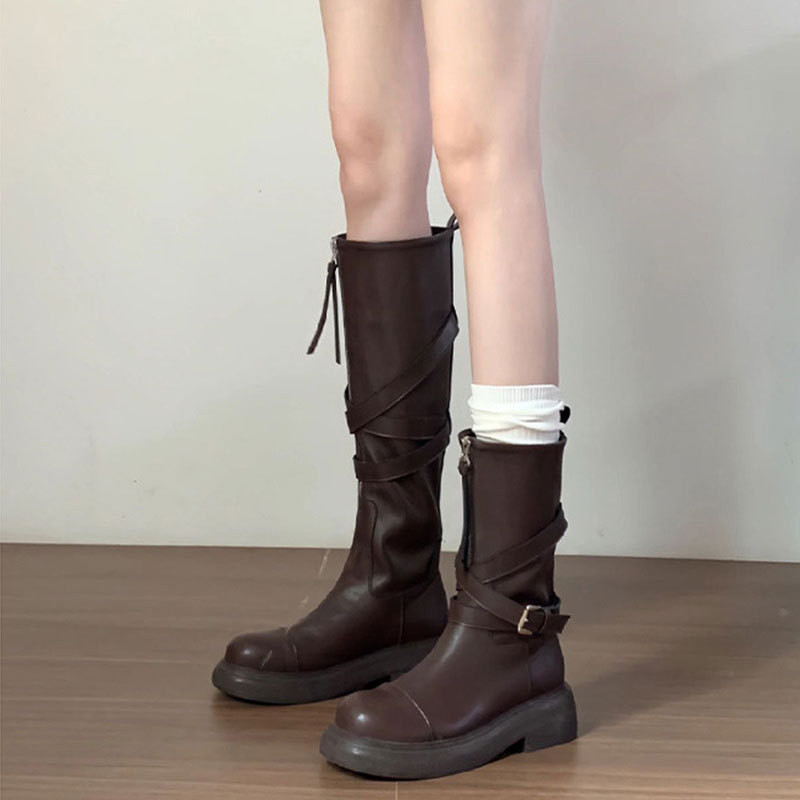 Retro Brown Western Cowboy Martin Boots below the Knee Long Boots High ...