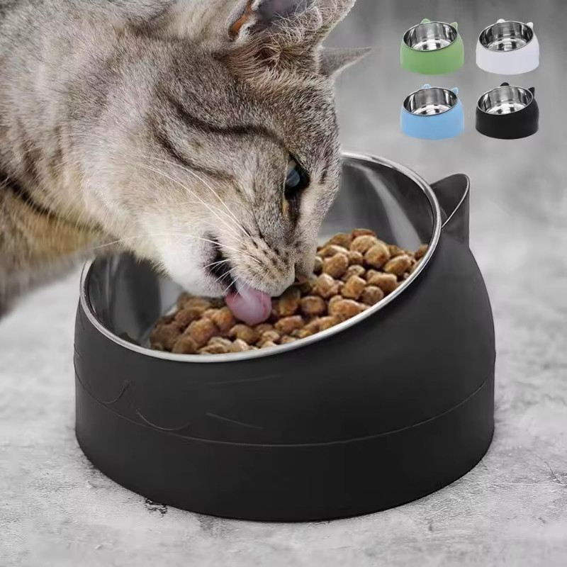 Pet Bowl Stainless Steel No Slip Tilted Feeder Bowls Dog Cat Neck Care ...