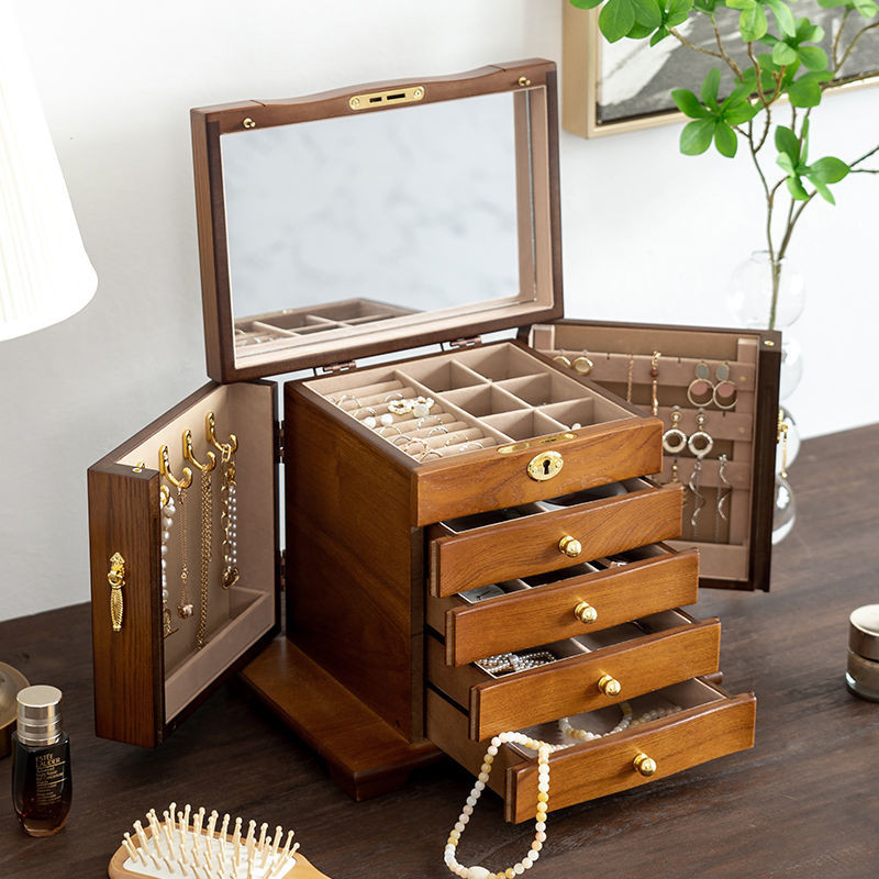 Solid Wooden Jewelry Box with Lock Princess European Retro with Mirror ...