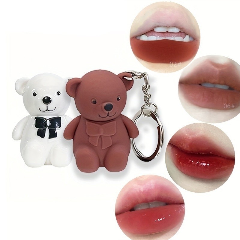 Cute Bear Keychain Matte Velvet Lip Glaze Waterproof Long Lasting Lip ...