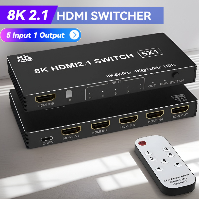 8K HDMI Switch 5 in 1 Out 8K@60Hz 4K@120Hz HDMI 2.1 Switcher 5x1 ...