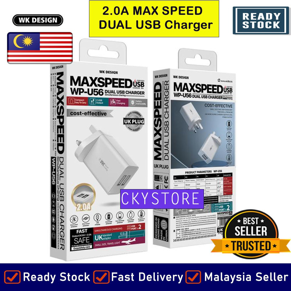 WK 2.0A Max SPEED DUAL USB CHARVER WP-U56 WITH Micro / Light--ning / Type C CABLE | Shopee Malaysia