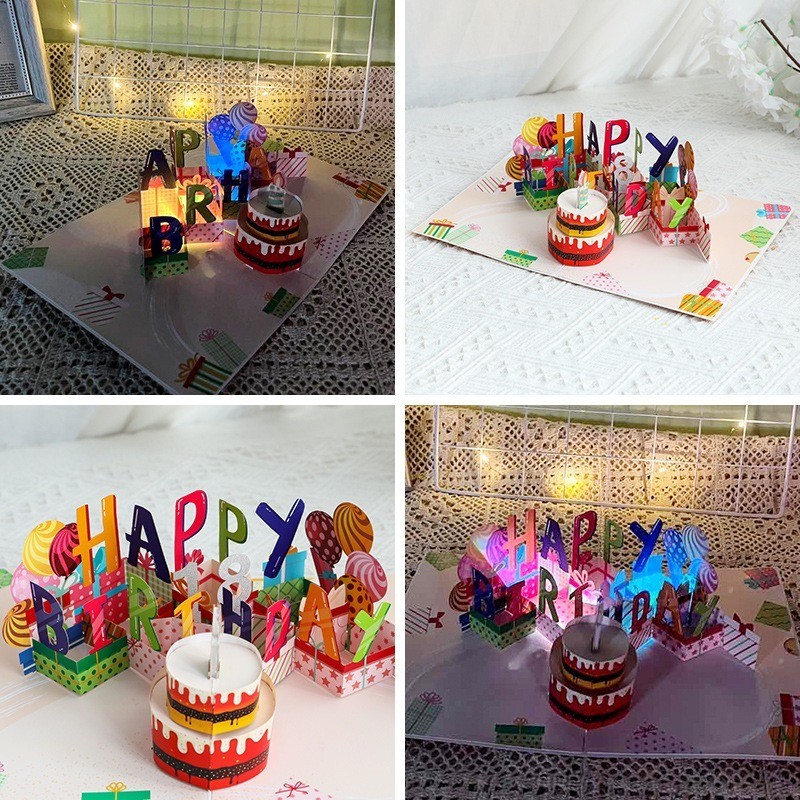 3D Birthday Pop Up Card with Music Can Blow Out LED Light Candle ...