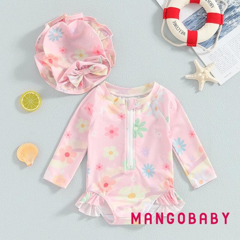 MANGO-Baby Girl 2 Piece Bathing Suit Set Long Sleeve Zip Up Flower ...