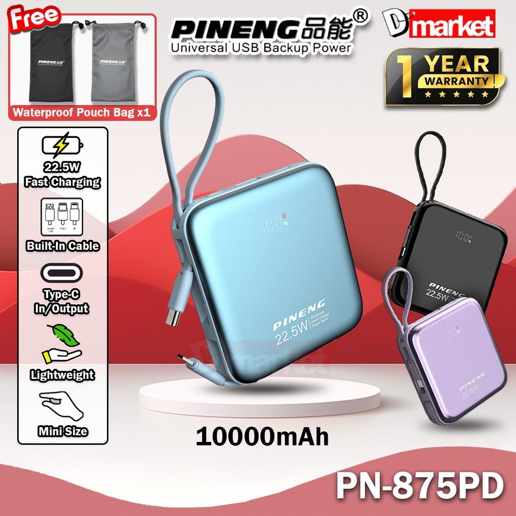 Pineng PN-875 10000mAh Powerbank Built-In Cable 22.5W Fast Charging ...