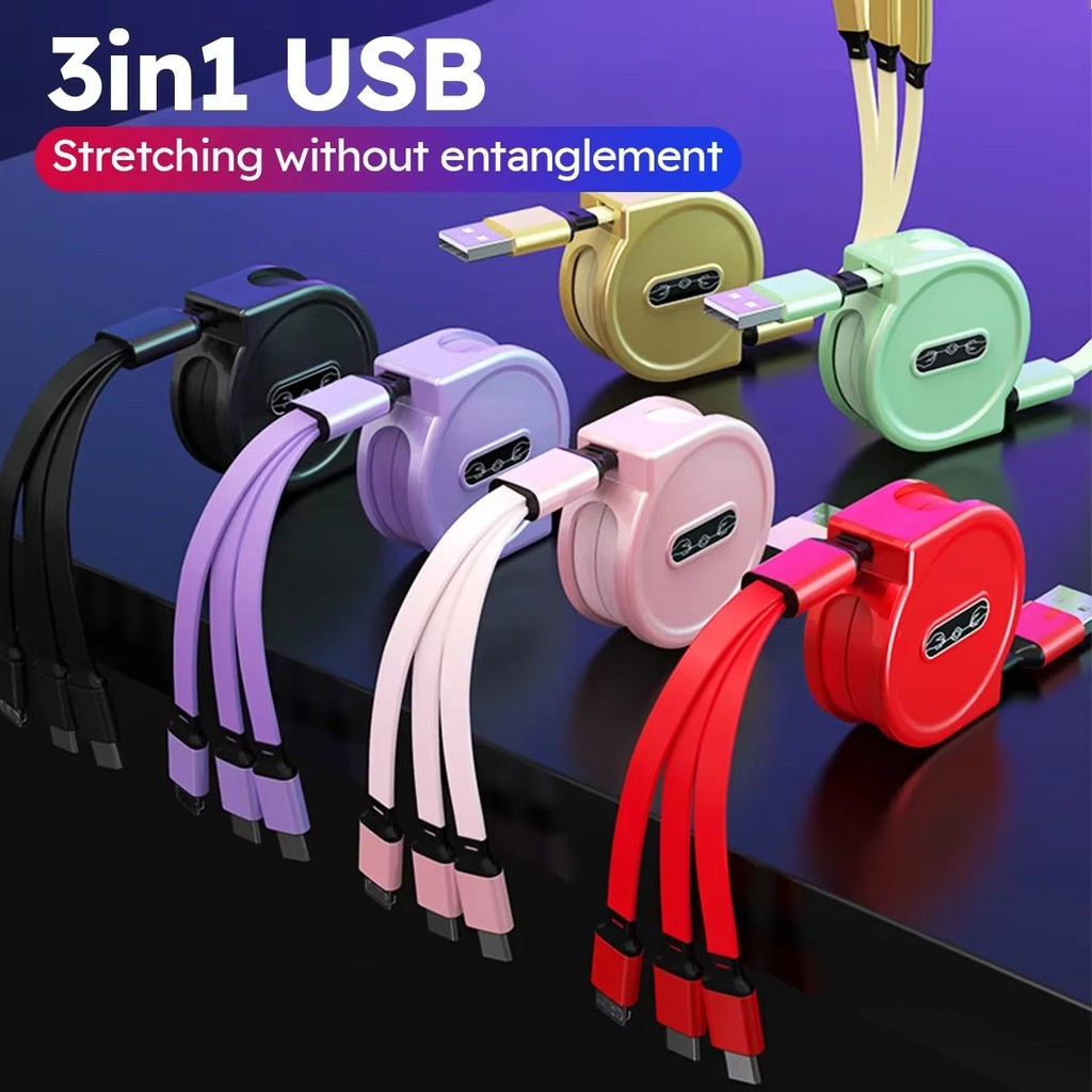 1.1M Charger Cable 3 in 1 USB Type C Retractable Multi Ports Portable ...