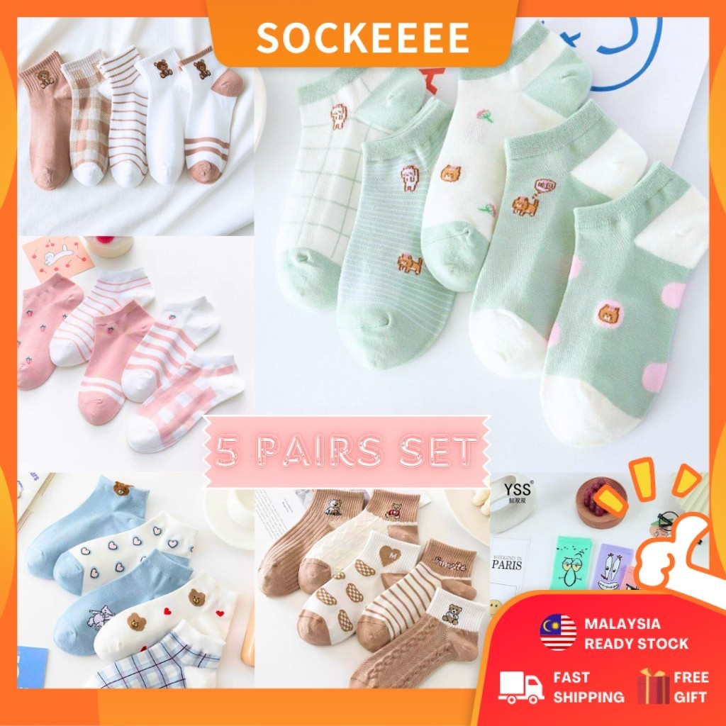 [Ready Stock] Sockeeee 1 Set 5 Pairs Cute Animal Sock Fruit Socks Women ...
