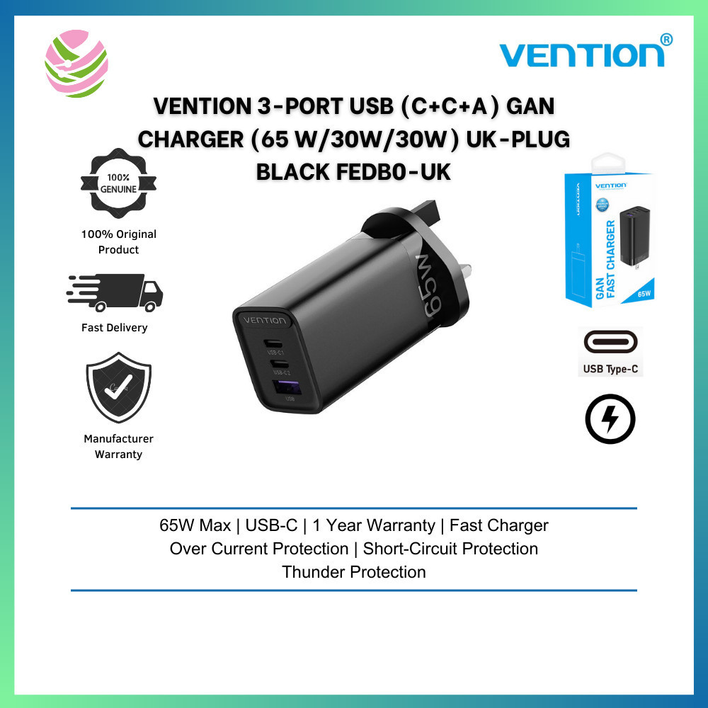 VENTION 3-PORT USB (C+C+A) GaN CHARGER (65 W/30W/30W) UK-PLUG BLACK ...