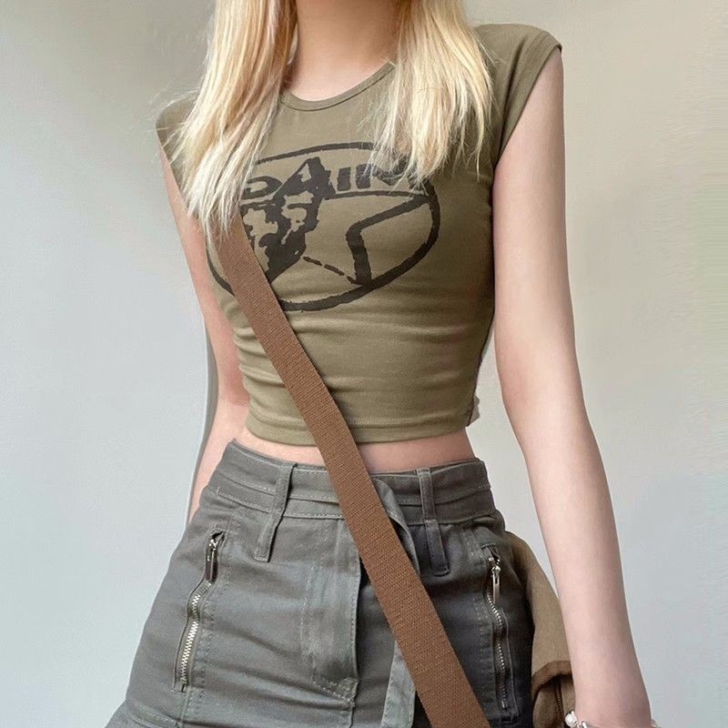 Y2k Vintage Cartoon Star Print Crop Top O Neck Cute Basic Casual T
