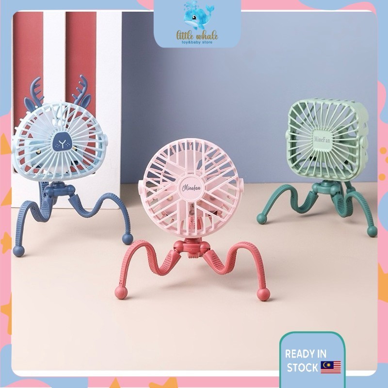🐳Small Fan USB Rechargeable Portable Mini Fan Baby Stroller Fan Octopus ...