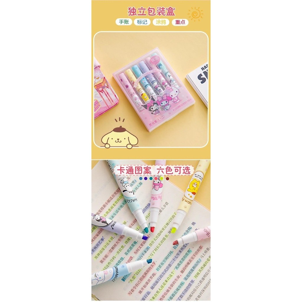 6pcs Kawaii Marking Pen Cute Cartoon KT Kuromi Melody Highlighter ...